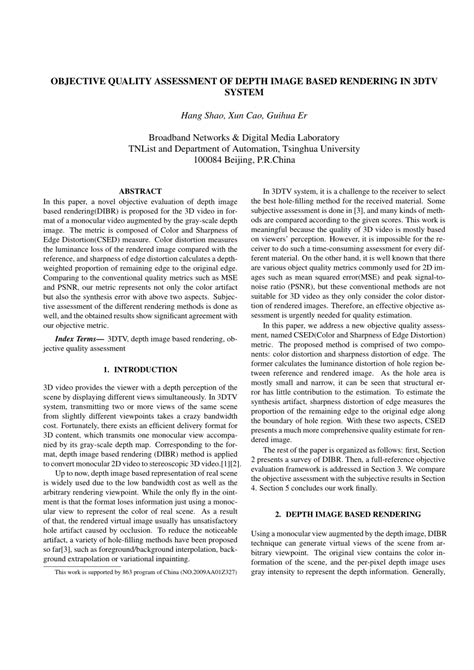 Pdf Objective Quality Assessment Of Depth Image Based Rendering In
