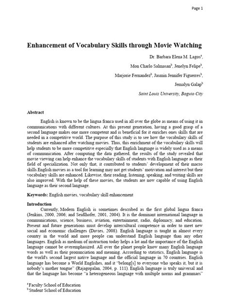 Enhancement Of Vocabulary Skills Through Movie Watching Pdf Language Acquisition English