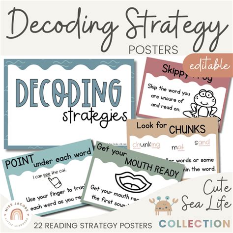 cute sea life decoding reading strategies posters