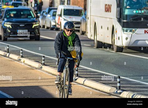 Cycle Traffic Lane At Dublins Quays Along The Liffey River Separated
