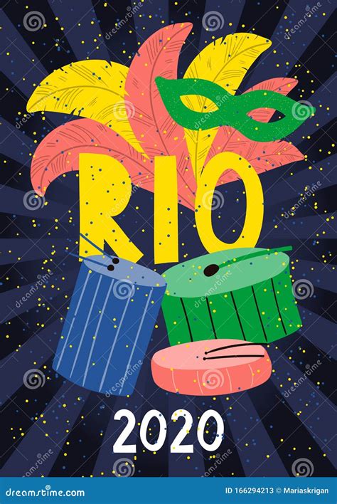 Brasilianisches Karneval Poster Mit Trommeln Federn Vektor Abbildung