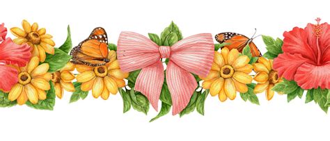 모나크 나비와 히비스커스 꽃과의 완벽한 테두리는 활기찬 여름 테마입니다 노란색과 분홍색 디테일이 있는 손으로 그린 수채화 카드 디자인 열대 휴일 및 꽃 장식에 이상적입니다