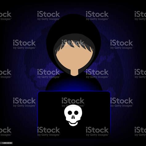 Cybercriminal Hacker With Laptop Stealing Personal Data Of User Vector Illustration Stock