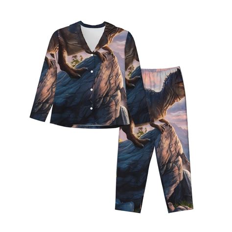 Daiia Sunset Cliff Dinosaur For Womens Long Sleeved Pajama Set Soft