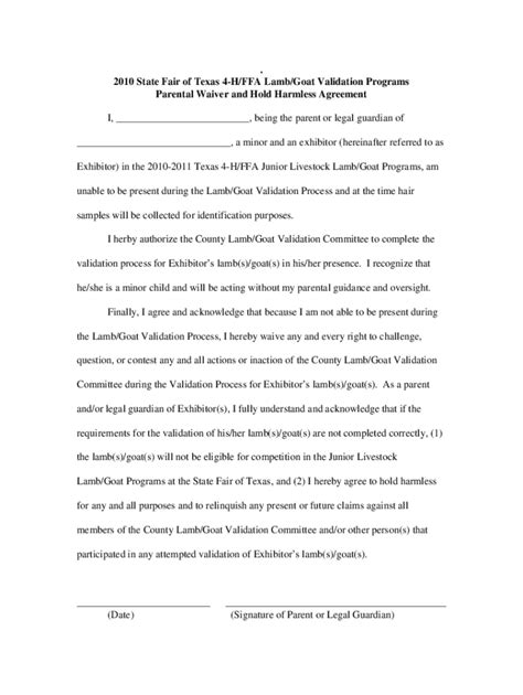 Fillable Online Agrilife Tamu Parental Waiver And Hold Harmless Agreement SFT Docx Fax Email
