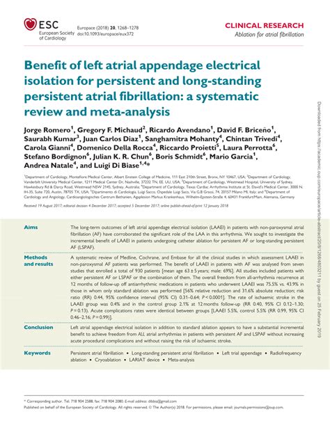 Pdf Benefit Of Left Atrial Appendage Electrical Isolation For Persistent And Long Standing