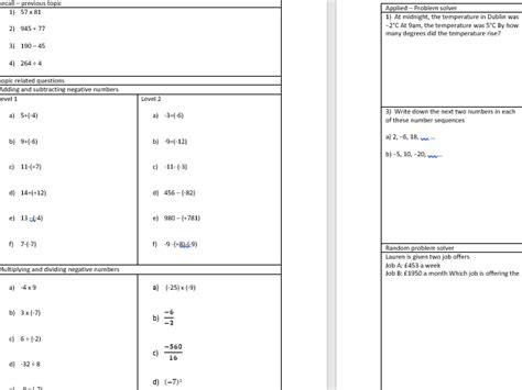Adding Subtracting Multiplying And Dividing Negative Numbers Homework Teaching Resources