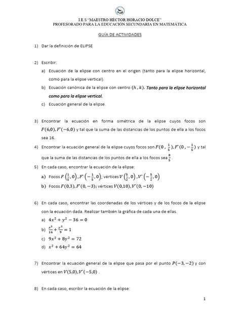 Guía Elipse Pdf Elipse Objetos Matemáticos