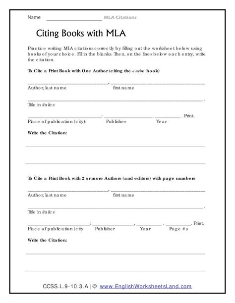 Pdf Citing Books With Mla English Worksheets Land Writing Mla