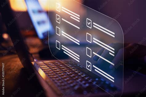 Filling Survey Form Online Questionnaire With Checkboxes Answer Questions Of Test Stock Photo