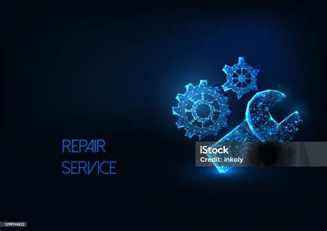 다크 블루에 고립 된 빛나는 낮은 다각형 기어와 렌치미래 수리 서비스 개념 건설 산업에 대한 스톡 벡터 아트 및 기타 이미지 건설 산업 와이어 프레임 모델 3차원