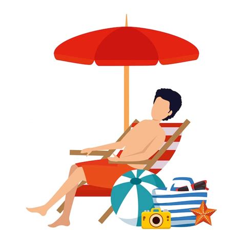 Hombre Joven Con Traje De Baño Sentado En Silla De Playa Con Iconos De