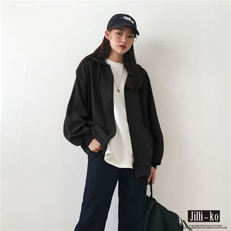 Jilli Ko 素色寬鬆拉鍊連帽外套 黑灰 運動連帽外套 Yahoo奇摩購物中心