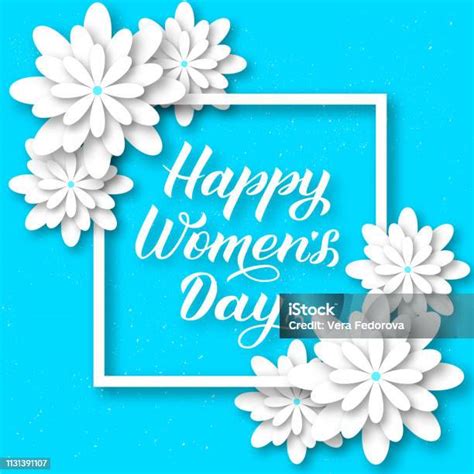종이 잘라 꽃을 가진 행복 한 여자의 날 서 예 문자 종이 접기 스타일 벡터 일러스트입니다 꽃 국제 여성 데이 파티 초대장 인사말 카드 배너 포스터 기타 0명에 대한 스톡