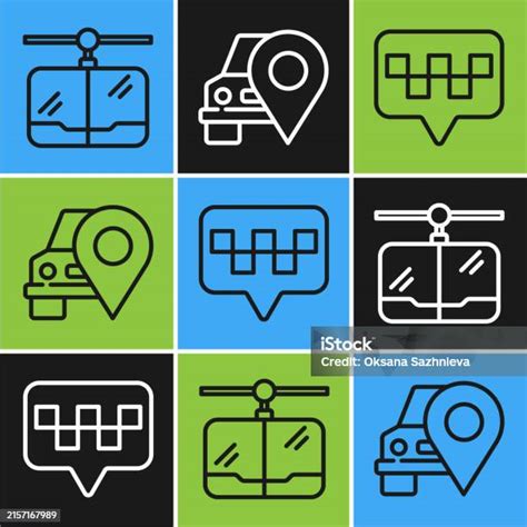 케이블 카 택시가 있는 지도 포인터 및 택시 아이콘이 있는 지도 포인터를 설정합니다 벡터 거리에 대한 스톡 벡터 아트 및 기타 이미지 Istock