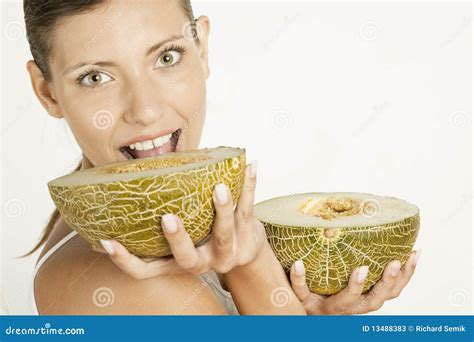 Woman With Melon Stock Image Image Of Eating Fruit 13488383