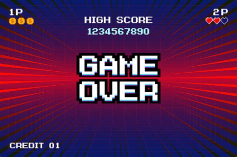 게임 오버 Synthwave 와이어 프레임 그물 그림입니다 픽셀 아트 8비트 게임 레트로 게임 게임 자산의 경우 복고풍 미래파 공상 과학 배경 빛나는 네온 그리드 그리고