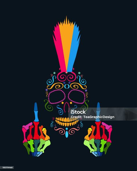 Ilustración De Cráneo Punky Con El Dedo Medio Y Colores Vivos Mohawk Y