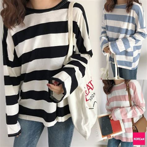 แฟชั่นใหม่ Koreanเสื้อยืดคอกลมแขนยาวลายทาง 3 สี Korean Fashion