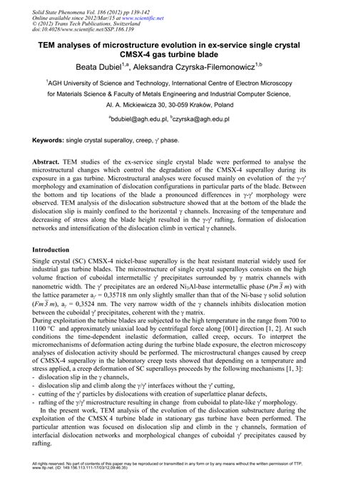 Pdf Tem Analyses Of Microstructure Evolution In Ex Service Single Crystal Cmsx 4 Gas Turbine Blade