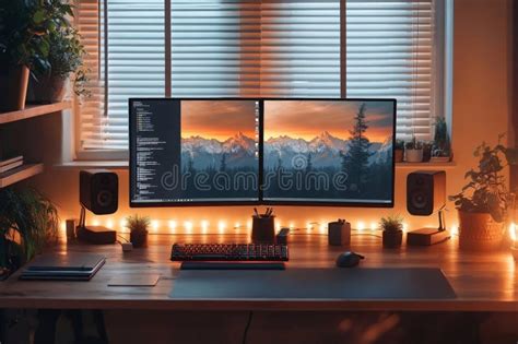Modern Home Office Setup Featuring Dual Monitors Displaying Code And