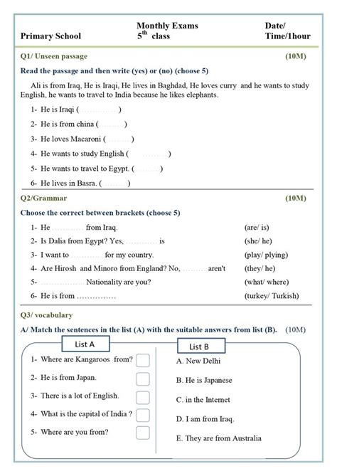 Fifth Grade English Language Monthly And Half Yearly Question Models