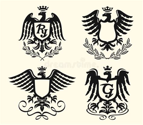 Eagle With Spread Wings And Shield Emblem Set Heraldic Symbol Of