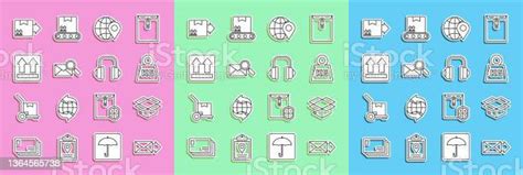 세트 라인 봉투 판지 골판지 상자 무게 위치 전 세계 돋보기 이 측면 업 골판지 트래픽 기호 및 헤드폰 아이콘 벡터 감시에 대한 스톡 벡터 아트 및 기타 이미지 Istock