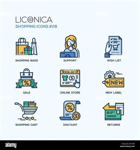 Shopping Modern Vector Flat Line Design Icons Set Bag Sale Discount Online Store New