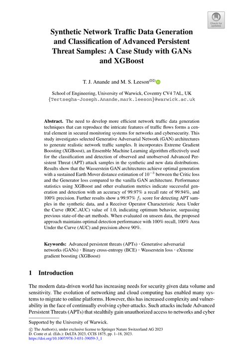 Pdf Synthetic Network Traffic Data Generation And Classification Of Advanced Persistent Threat