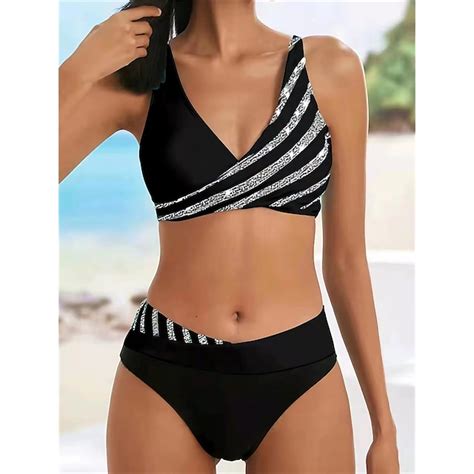 Damen Badeanzug Bikinis 2 Stück Normal Bademode Blatt Gestreift