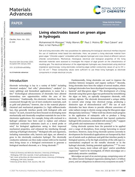 Pdf Living Electrodes Based On Green Algae In Hydrogel