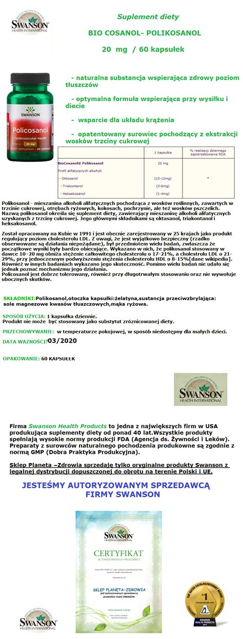 POLIKOSANOL BIOCOSANOL cholesterol 60 kap SWANSON
