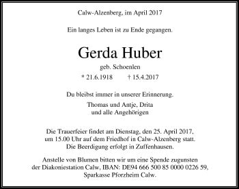 Traueranzeigen von Gerda Huber Schwarzwälder Bote Trauer