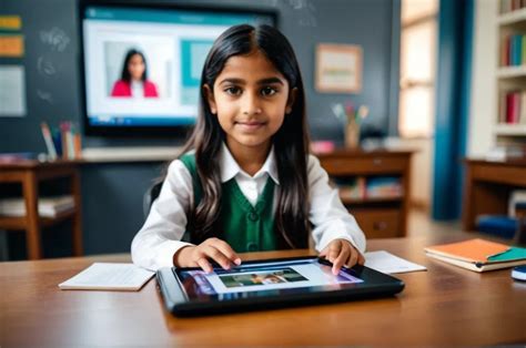 Indian Girl In Classroom Using Tablet Focused Expression Download