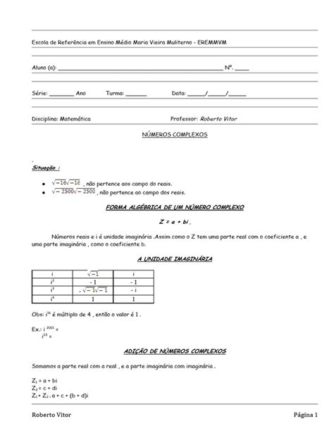 Números Complexos Fixa De Aula Com Exercicios Pdf Número Complexo