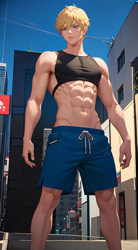 Anime Boy Posing On City Street With Teenager In Blue Shorts Realistic