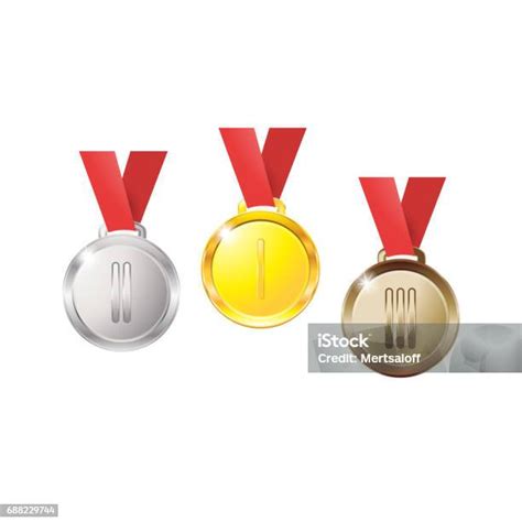 흰색 배경에 고립 된 빨간 리본에 금메달 은메달 메달 Championship에 대한 스톡 벡터 아트 및 기타 이미지