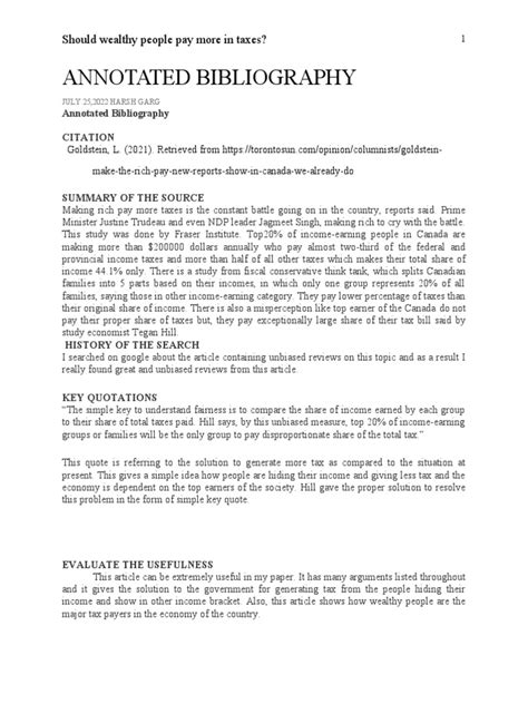 Annotated Bibliography Should Wealthy People Pay More In Taxes Pdf
