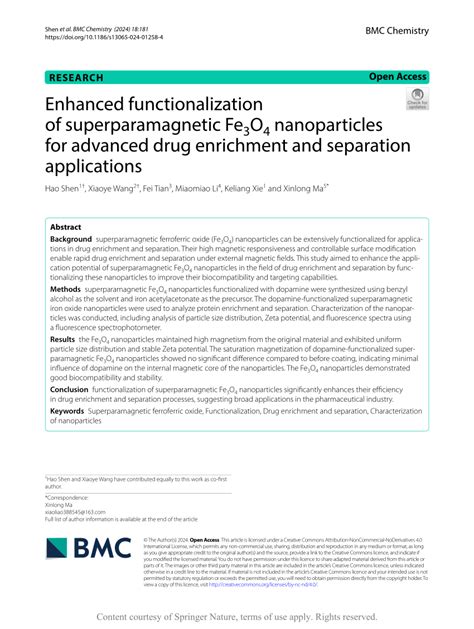 Pdf Enhanced Functionalization Of Superparamagnetic Fe3o4 Nanoparticles For Advanced Drug
