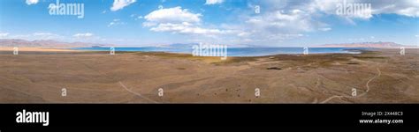 Aerial View Vast Empty Landscape At The Mountain Lake Song Kul In