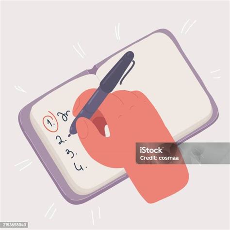 펜을 들고 메모장에서 달성 할 목표를 적거나 할 일 목록을 만드는 손의 벡터 그림입니다 평면도 효과적인 개인 계획 및 조직