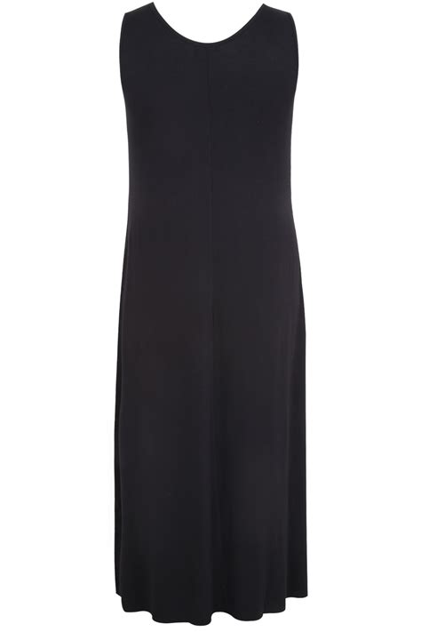 Black Plain V Neck Sleeveless Jersey Maxi Dress Plus Size 14 To 36