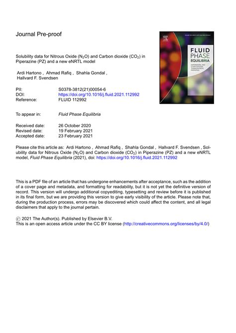 Pdf Solubility Data For Nitrous Oxide N2o And Carbon Dioxide Co2 In Piperazine Pz And A