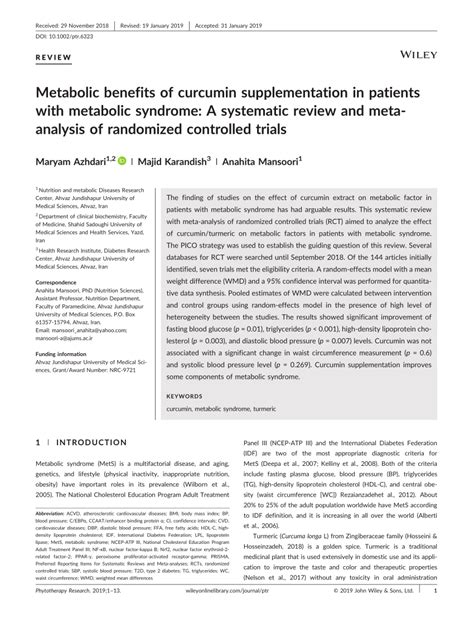 Pdf Metabolic Benefits Of Curcumin Supplementation In Patients With