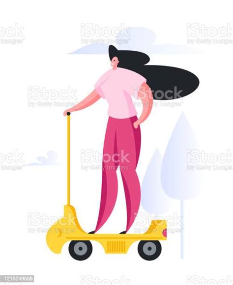 거리에서 전기 스쿠터를 타고 여자 플랫 벡터 일러스트레이션 가공의 인물에 대한 스톡 벡터 아트 및 기타 이미지 가공의 인물
