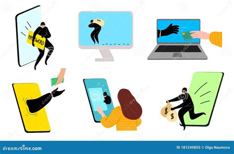 Criminals Committing Cyber Crimes And Stealing Money In Electronic Technologies Stock Vector