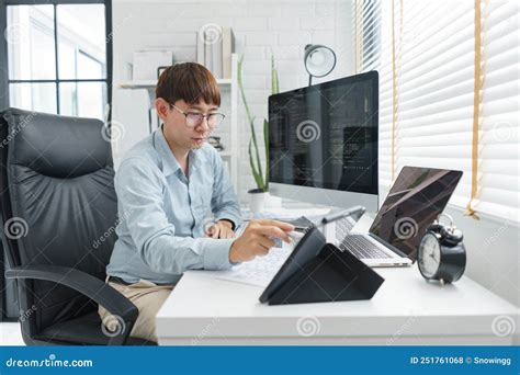 Software Development Concept Male Programmer Point Data On Tablet To