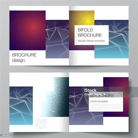 사각형 디자인 Bifold 브로셔 잡지 전단지 소책자를위한 두 개의 표지 템플릿의 벡터 레이아웃 3d 다각형 기하학적 현대