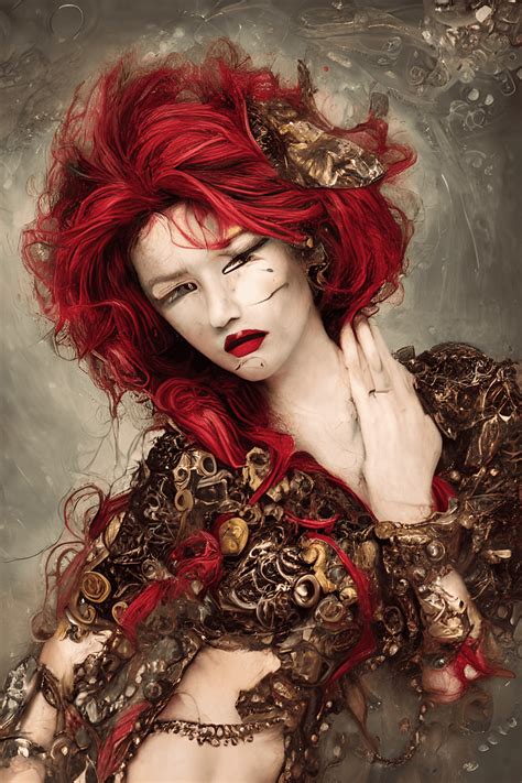 Intricate Photography Detailed Female Face With Red Long Hair Curly Big
